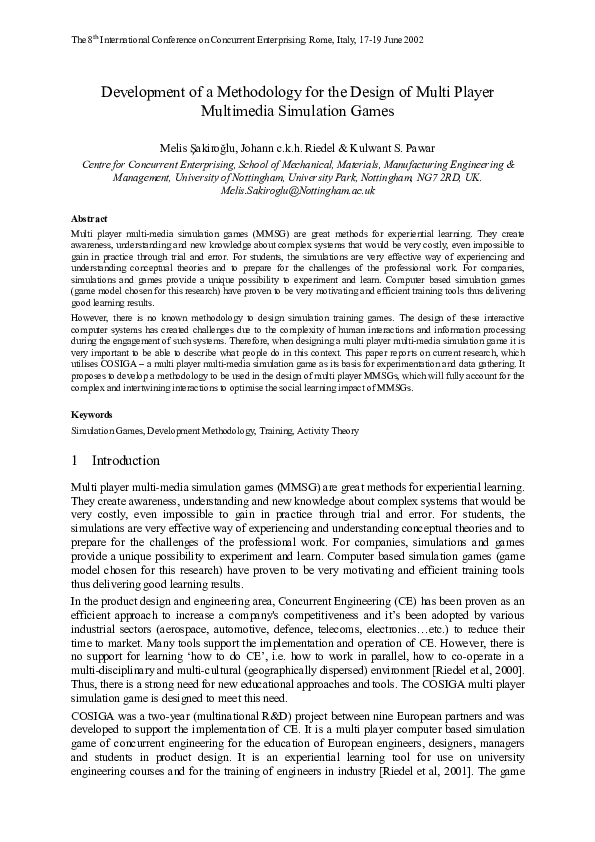 (PDF) Development of a Methodology for the Design of Multi Player Multimedia Simulation Games