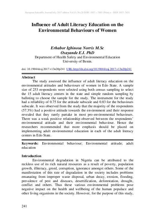 (PDF) Influence of Adult Literacy Education on the Environmental ...