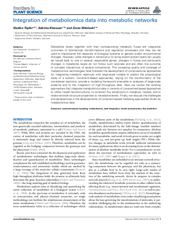 Pdf Integration Of Metabolomics Data Into Metabolic Networks