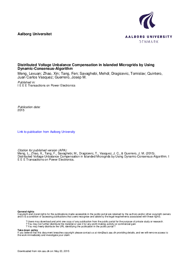 Pdf Distributed Voltage Unbalance Compensation In Islanded Microgrids