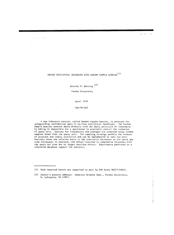 (PDF) Secure statistical databases with random sample queries