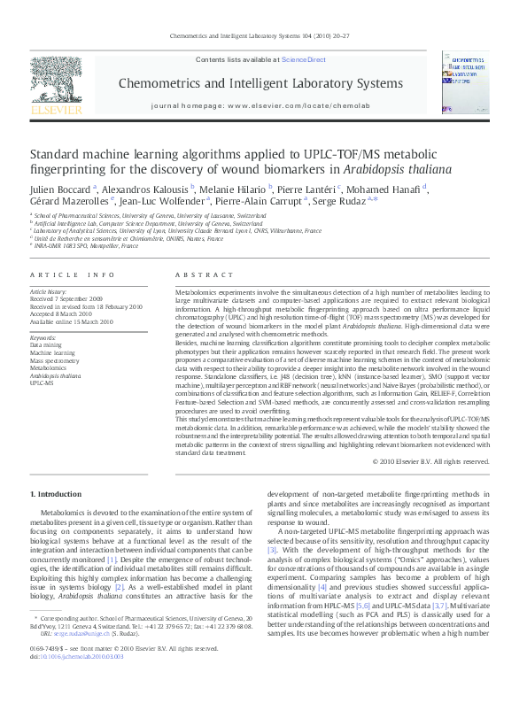 Pdf Standard Machine Learning Algorithms Applied To Uplc Tofms Metabolic Fingerprinting For 