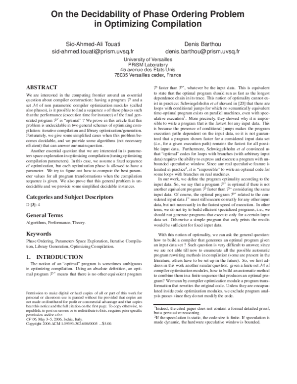 Pdf On The Decidability Of Phase Ordering Problem In Optimizing Compilation
