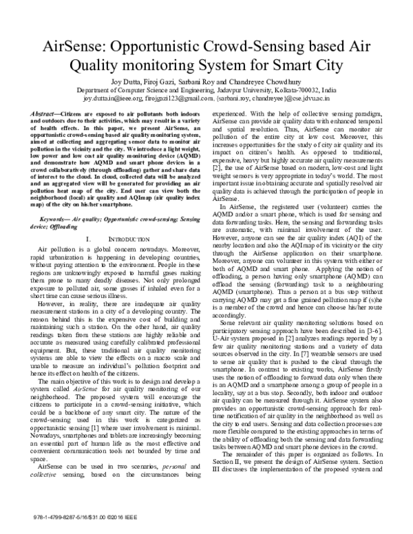 (PDF) AirSense: Opportunistic Crowd-Sensing based Air Quality monitoring System for Smart City