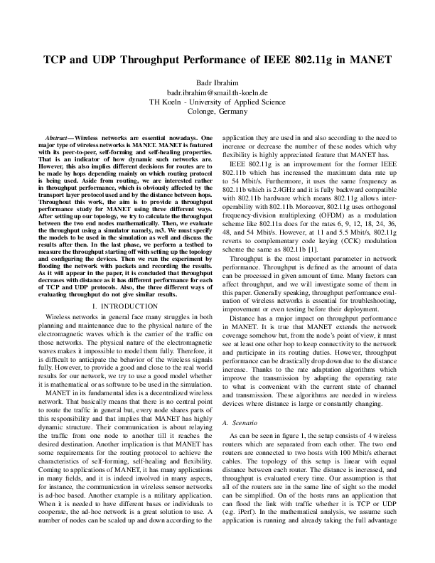 Pdf Tcp And Udp Throughput Performance Of Ieee 80211g In Manet