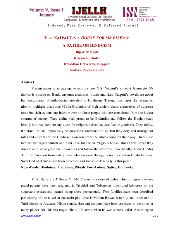 (PDF) V. S. NAIPAUL’S A HOUSE FOR MR BISWAS: A SATIRE ON HINDUISM