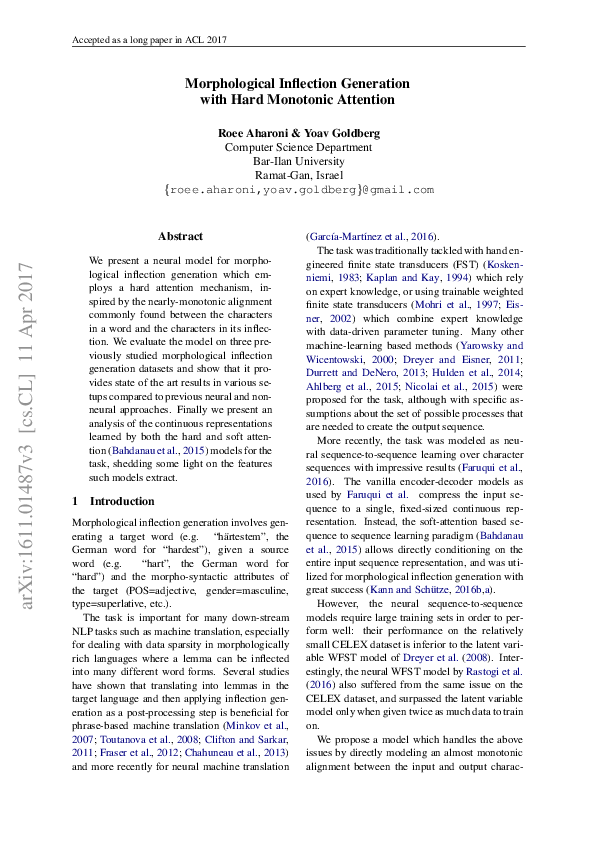 (PDF) Morphological Inflection Generation with Hard Monotonic Attention | Roee Aharoni ...