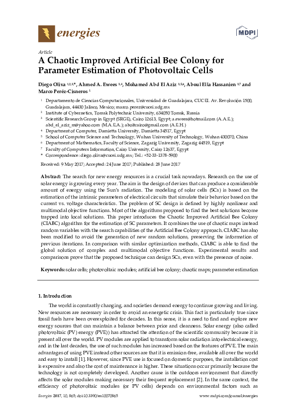 (PDF) A Chaotic Improved Artificial Bee Colony for Parameter Estimation of Photovoltaic Cells