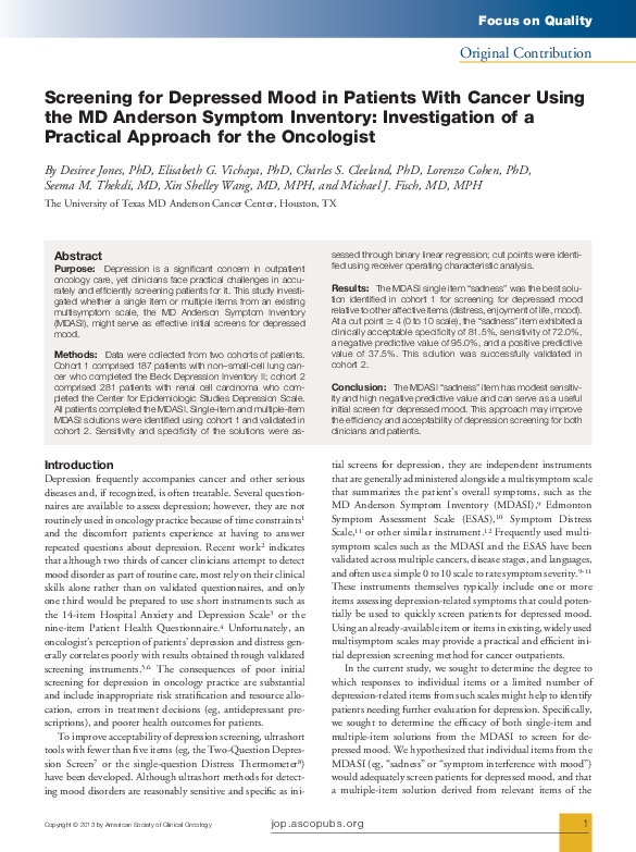 (PDF) Screening for Depressed Mood in Patients With Cancer Using the MD ...