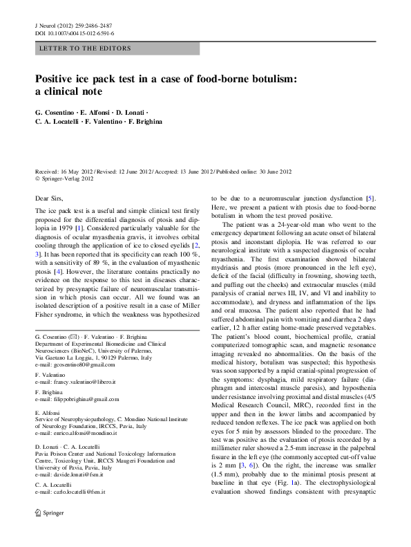 (PDF) Positive ice pack test in a case of food-borne botulism: a ...
