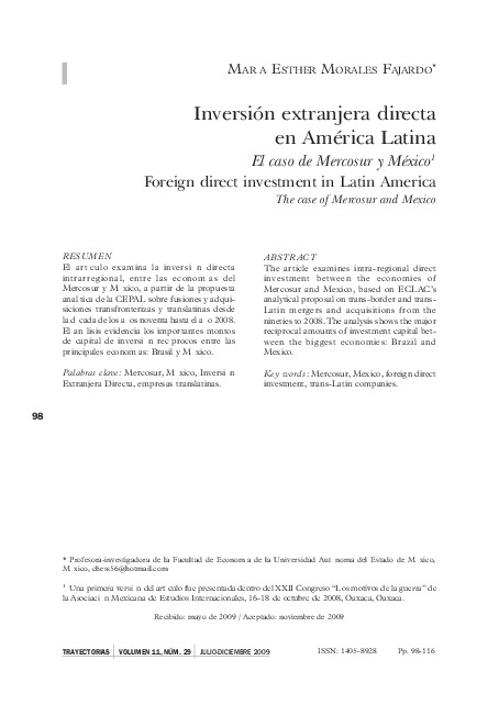 (PDF) Inversión extranjera directa en América Latina. El caso de Mercosur y México