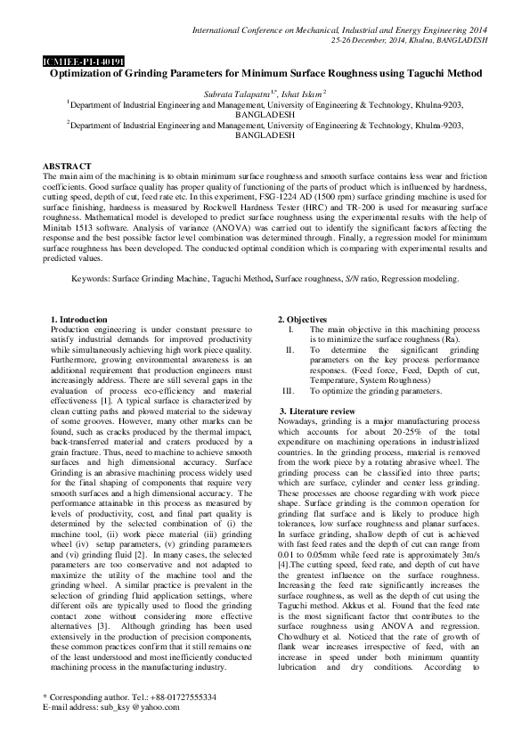 Pdf Optimization Of Grinding Parameters For Minimum Surface Roughness Using Taguchi Method