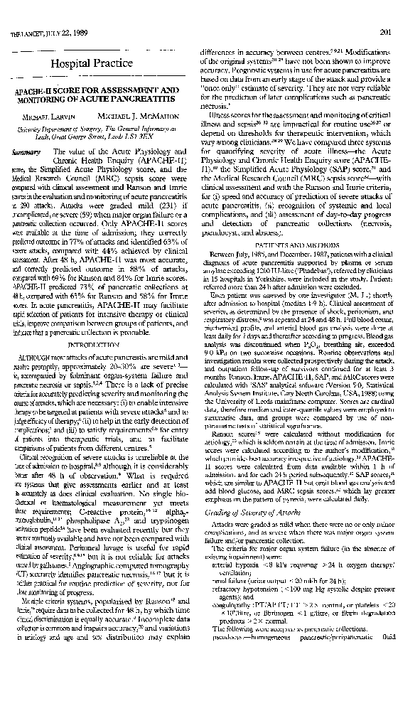 (PDF) Apache-II Score for Assessment and Monitoring of Acute Pancreatitis