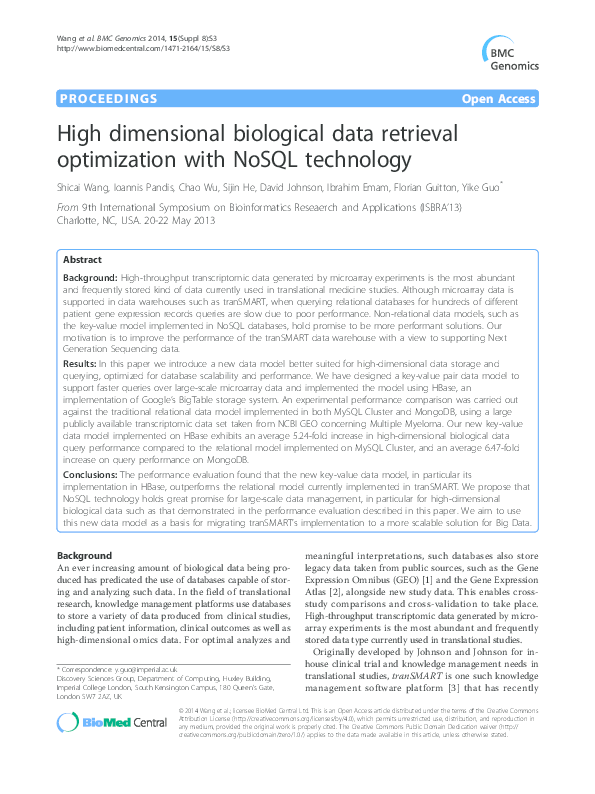 (PDF) High dimensional biological data retrieval optimization with NoSQL technology | Florian ...