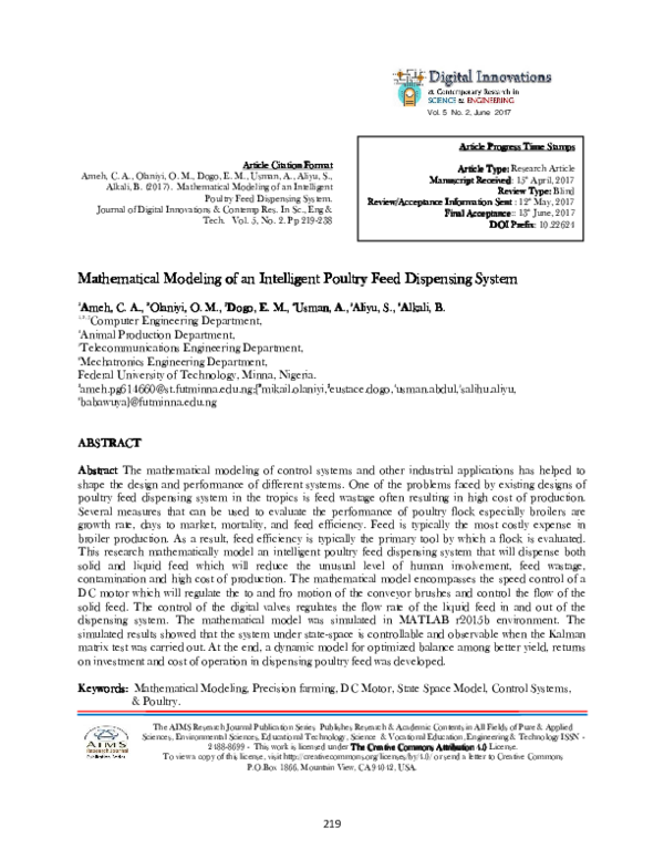 (PDF) Mathematical Modeling of an Intelligent Poultry Feed Dispensing ...