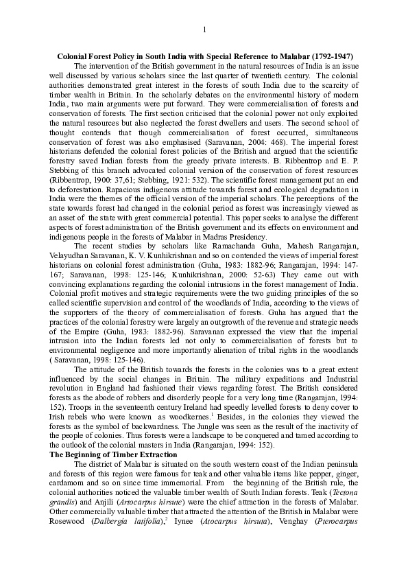 (DOC) Colonial Forest Policy in South India with Special Reference to ...