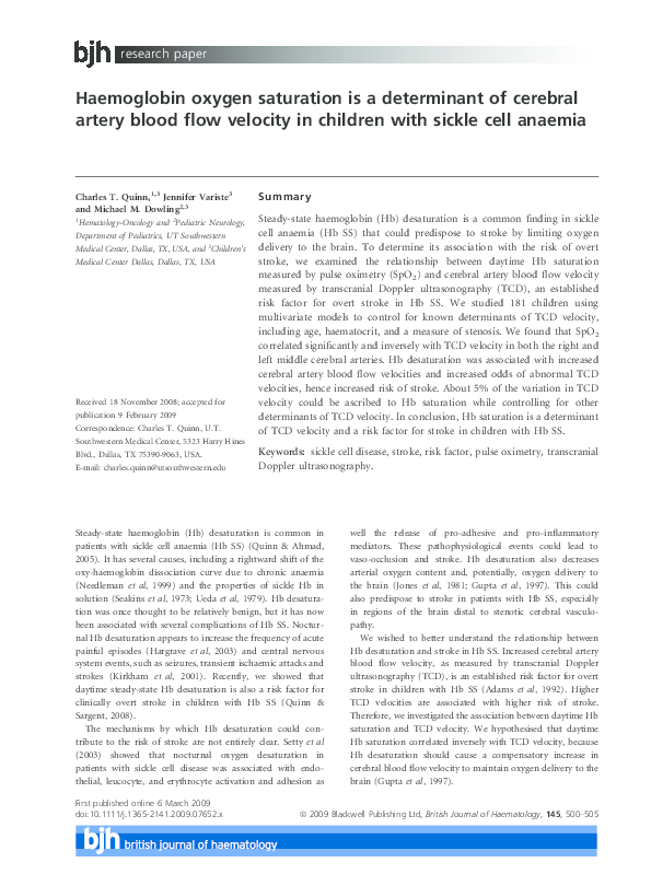 (PDF) Haemoglobin oxygen saturation is a determinant of cerebral artery ...