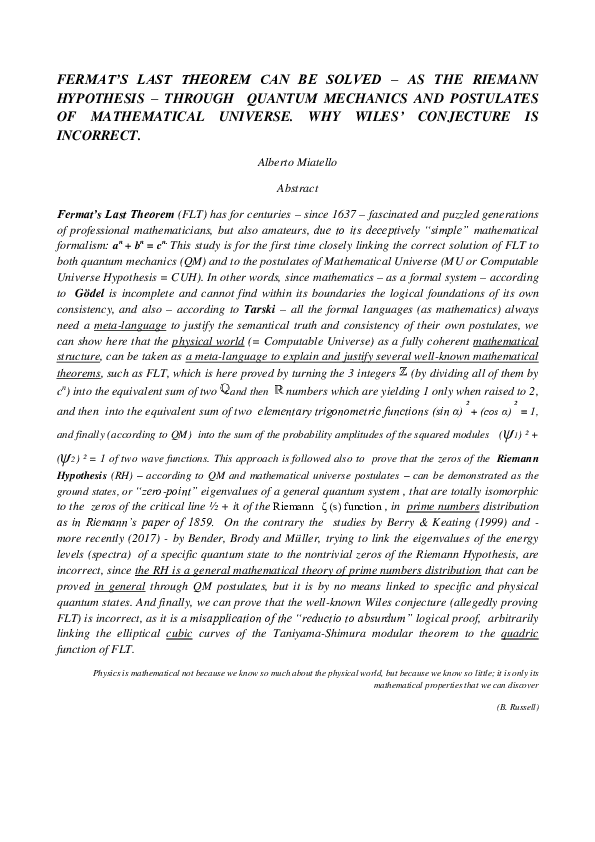 (PDF) FERMAT'S LAST THEOREM CAN BE SOLVED – AS THE RIEMANN HYPOTHESIS ...