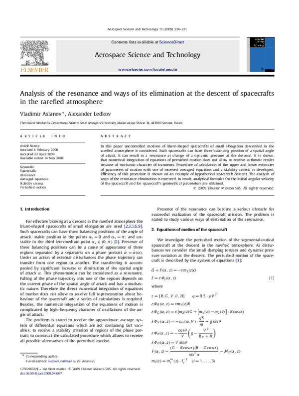 Pdf Analysis Of The Resonance And Ways Of Its Elimination At The Descent Of Spacecrafts In The