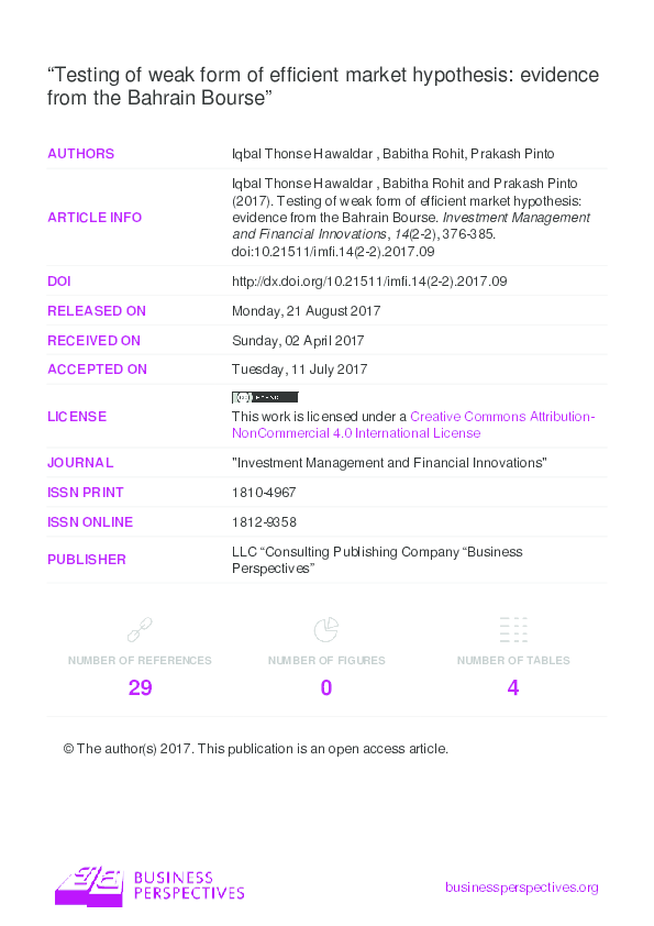 (PDF) Testing of weak form of efficient market hypothesis: evidence ...