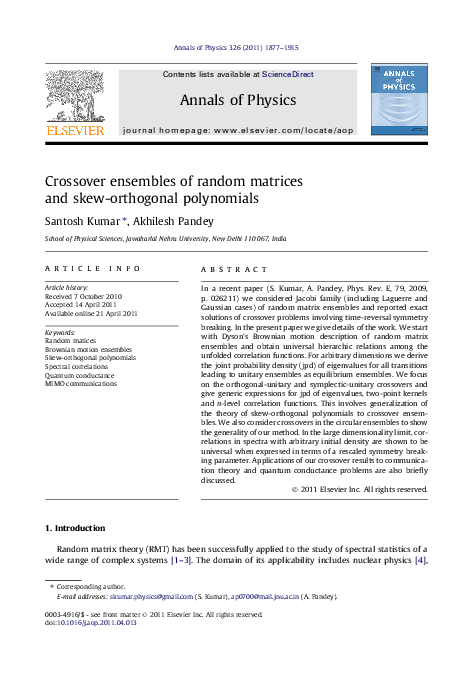 Pdf Crossover Ensembles Of Random Matrices And Skew Orthogonal