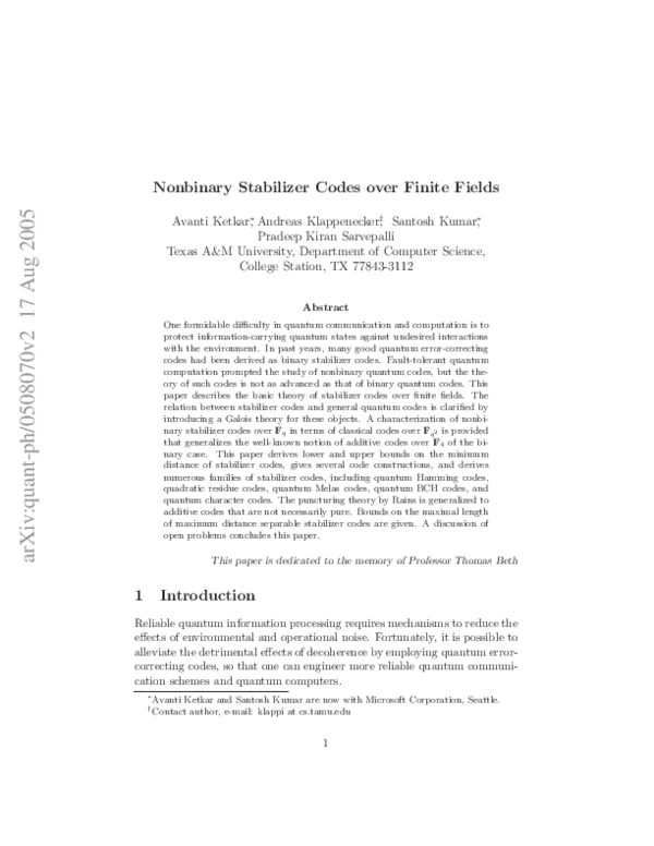 (PDF) Nonbinary Stabilizer Codes Over Finite Fields