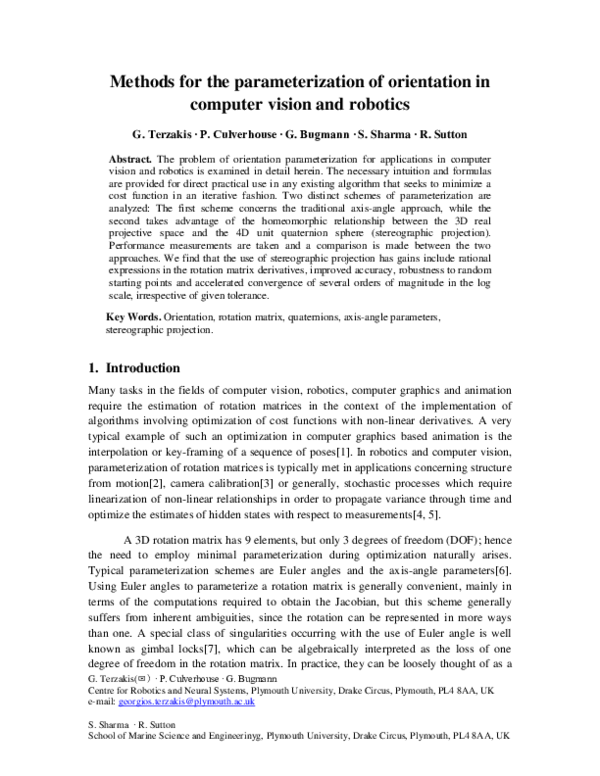 Pdf Methods For The Parameterization Of Orientation In Computer Vision And Robotics George