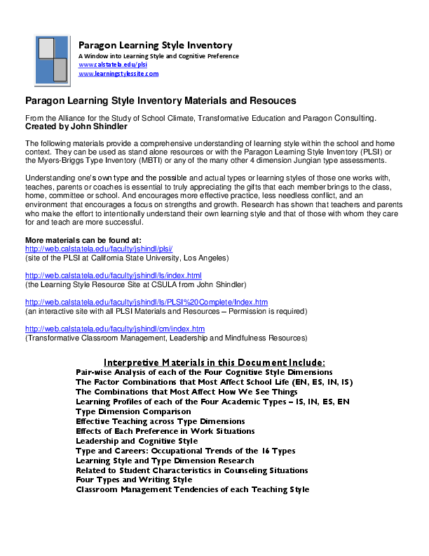 (PDF) Paragon Learning Style Inventory Resource Materials for the PLSI ...