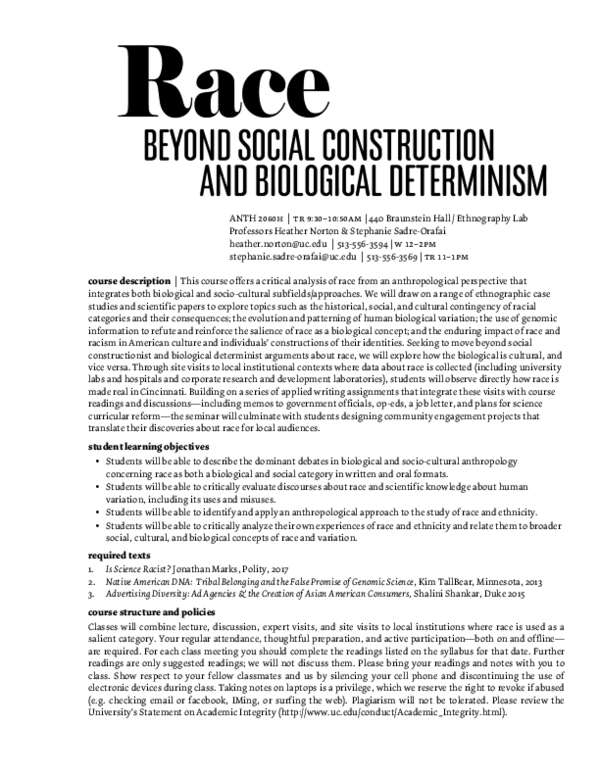 (PDF) Race: Beyond Social Construction & Biological Determinism - Fall 2017