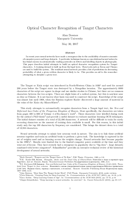 (PDF) Optical Character Recognition of Tangut Characters