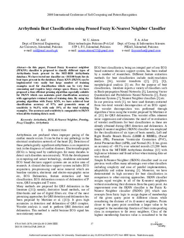 (PDF) Arrhythmia Beat Classification Using Pruned Fuzzy K-Nearest Neighbor Classifier