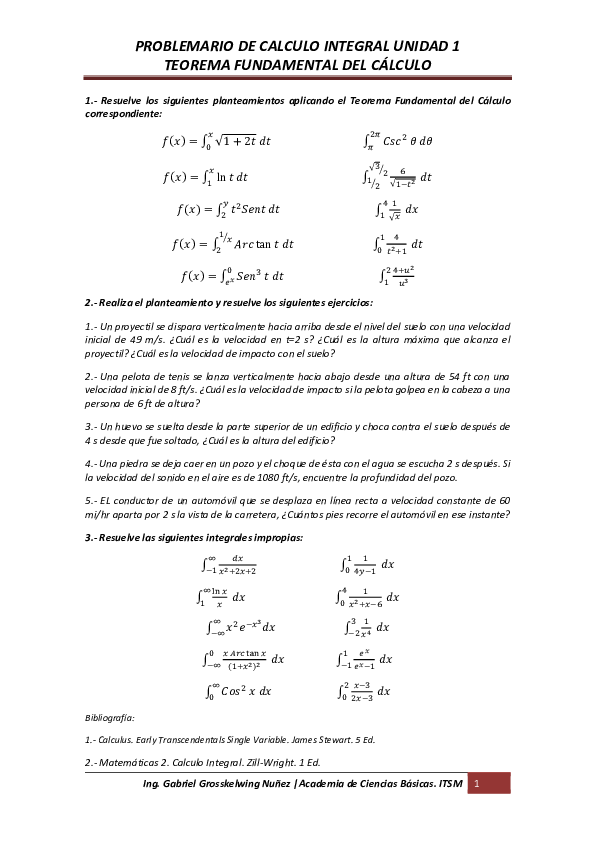 (PDF) PROBLEMARIO DE CALCULO INTEGRAL UNIDAD 1 TEOREMA FUNDAMENTAL DEL CÁLCULO