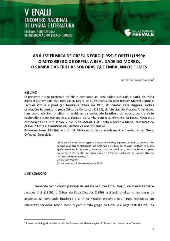 (PDF) ANÁLISE FÍLMICA DE ORFEU NEGRO (1959) E ORFEU (1999): O MITO ...