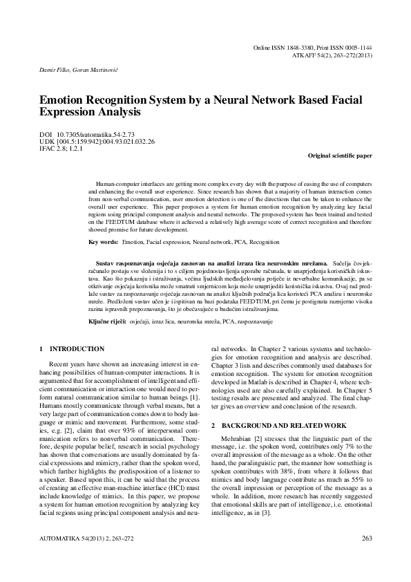 (PDF) Emotion Recognition System by a Neural Network Based Facial Expression Analysis