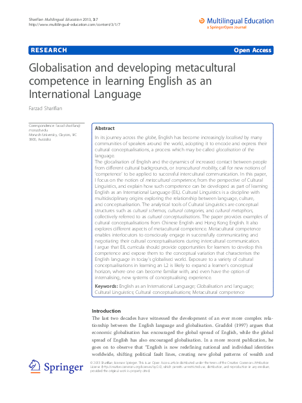 (PDF) Globalisation and developing metacultural competence in learning ...