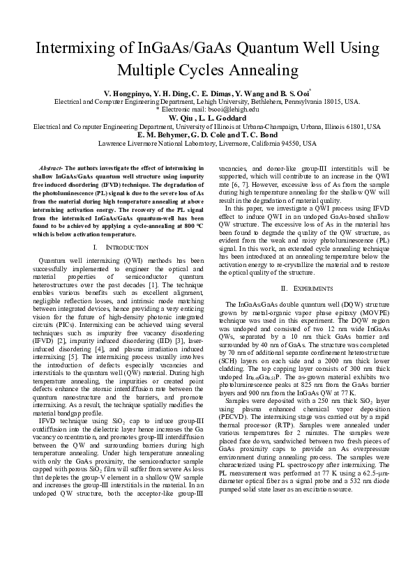 (PDF) Intermixing of InGaAs/GaAs Quantum Well Using Multiple Cycles Annealing