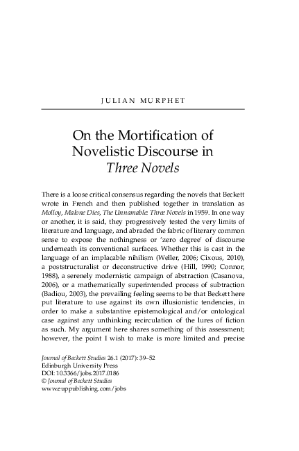 (PDF) On the Mortification of Novelistic Discourse in Three Novels