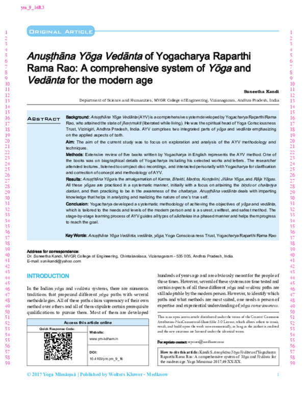 (PDF) Anuṣṭhāna Yōga Vedānta of Yogacharya Raparthi Rama Rao: A ...