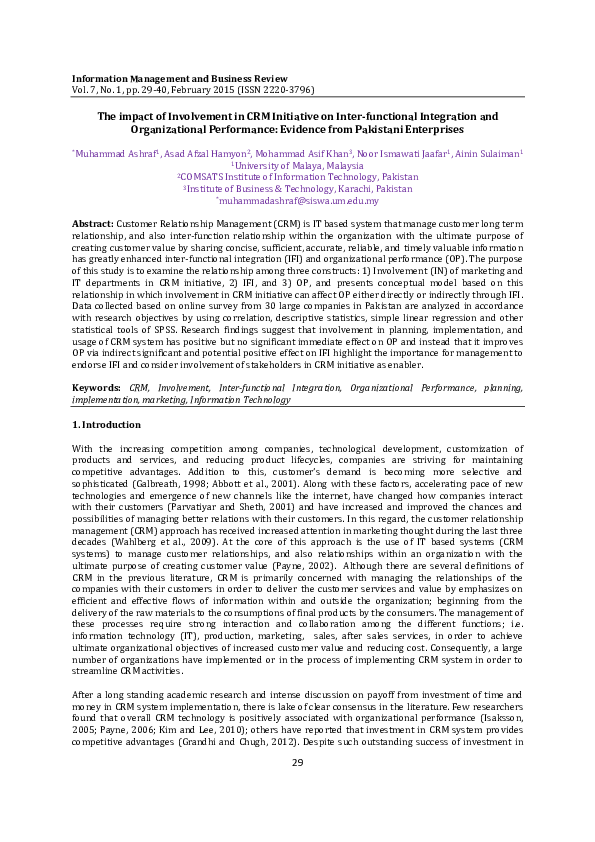 (PDF) The impact of Involvement in CRM Initiative on Inter-functional Integration and ...