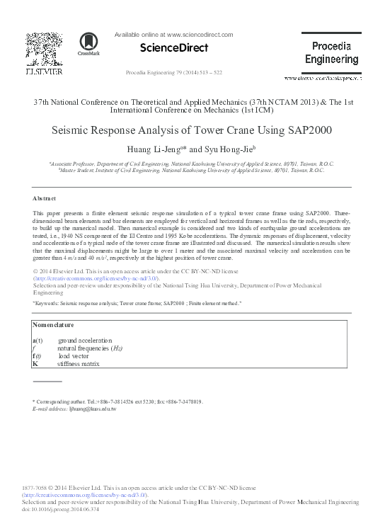 (PDF) Seismic Response Analysis of Tower Crane Using SAP2000