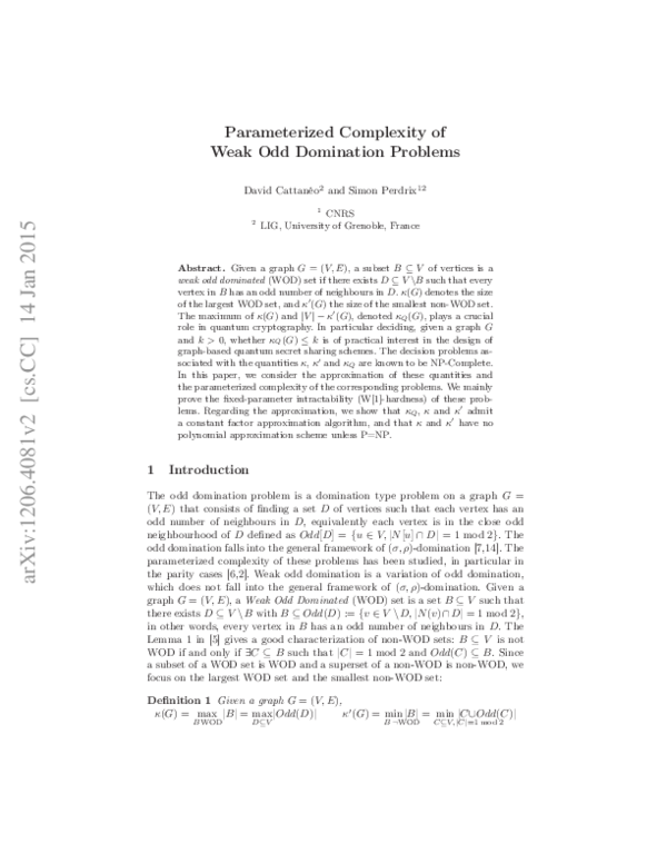 Pdf Parametrized Complexity Of Weak Odd Domination Problems Simon