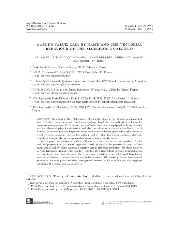 (PDF) Call-by-value, call-by-name and the vectorial behaviour of the algebraic lambda-calculus