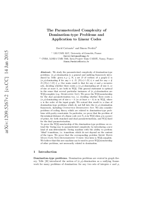 (PDF) The Parameterized Complexity of Domination-Type Problems and Application to Linear Codes