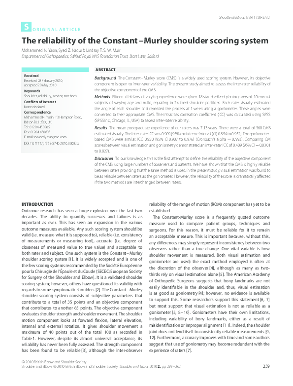 (PDF) The reliability of the Constant-Murley shoulder scoring system