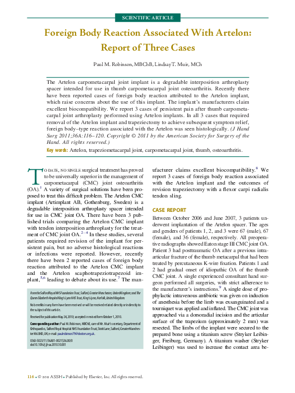 (PDF) Foreign Body Reaction Associated With Artelon: Report of Three Cases