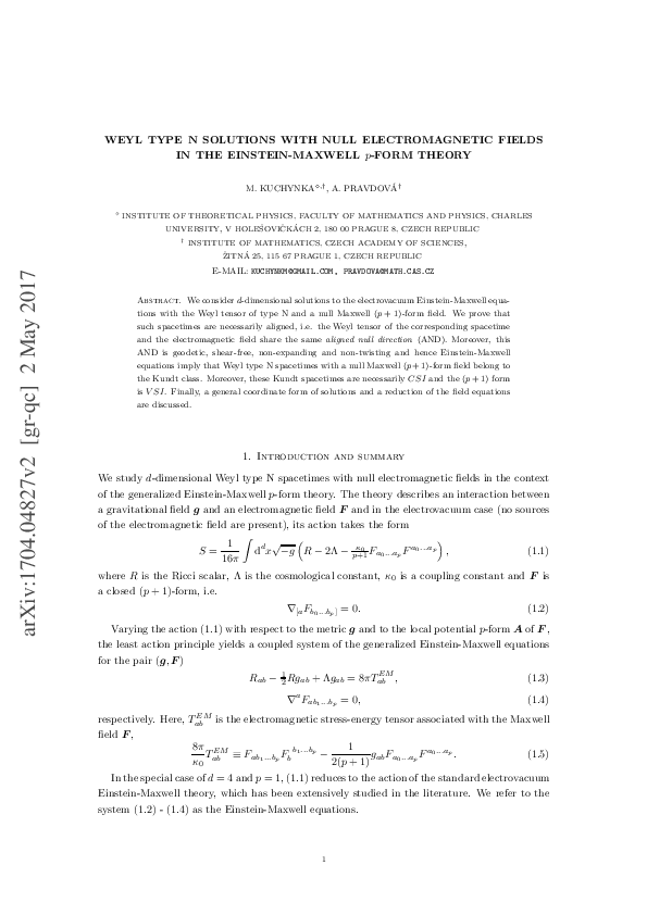 (PDF) Weyl Type N Solutions in Einstein-Maxwell Theory