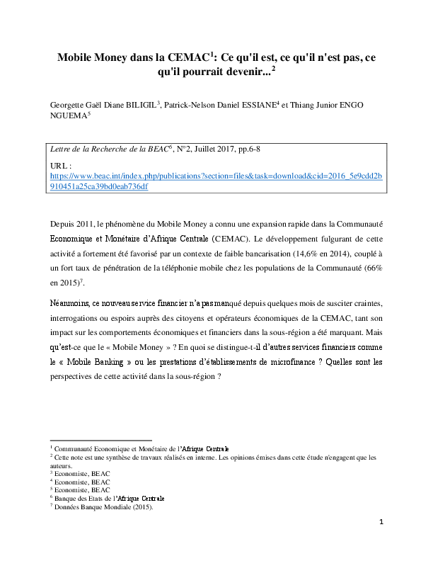 (PDF) Mobile Money dans la CEMAC: Ce qu'il est, ce qu'il n'est pas, ce ...