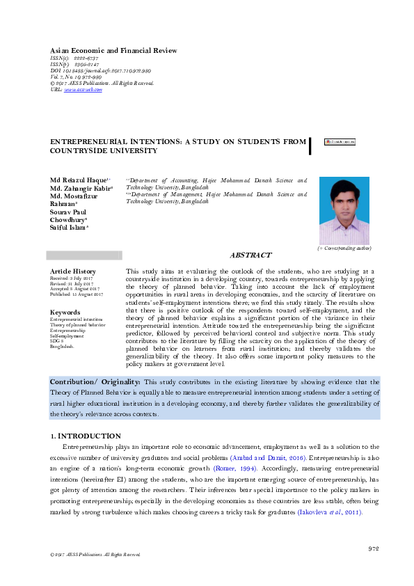 (PDF) ENTREPRENEURIAL INTENTIONS: A STUDY ON STUDENTS FROM COUNTRYSIDE ...