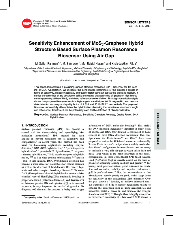 (PDF) Sensitivity Enhancement of MoS 2 -Graphene Hybrid Structure Based Surface Plasmon ...