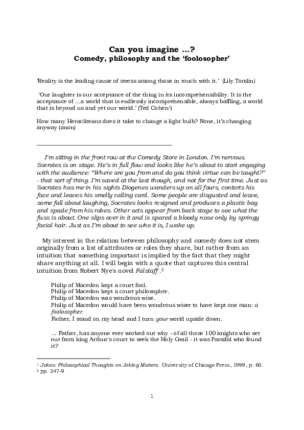 (PDF) Can you imagine …? Comedy, philosophy and the 'foolosopher'